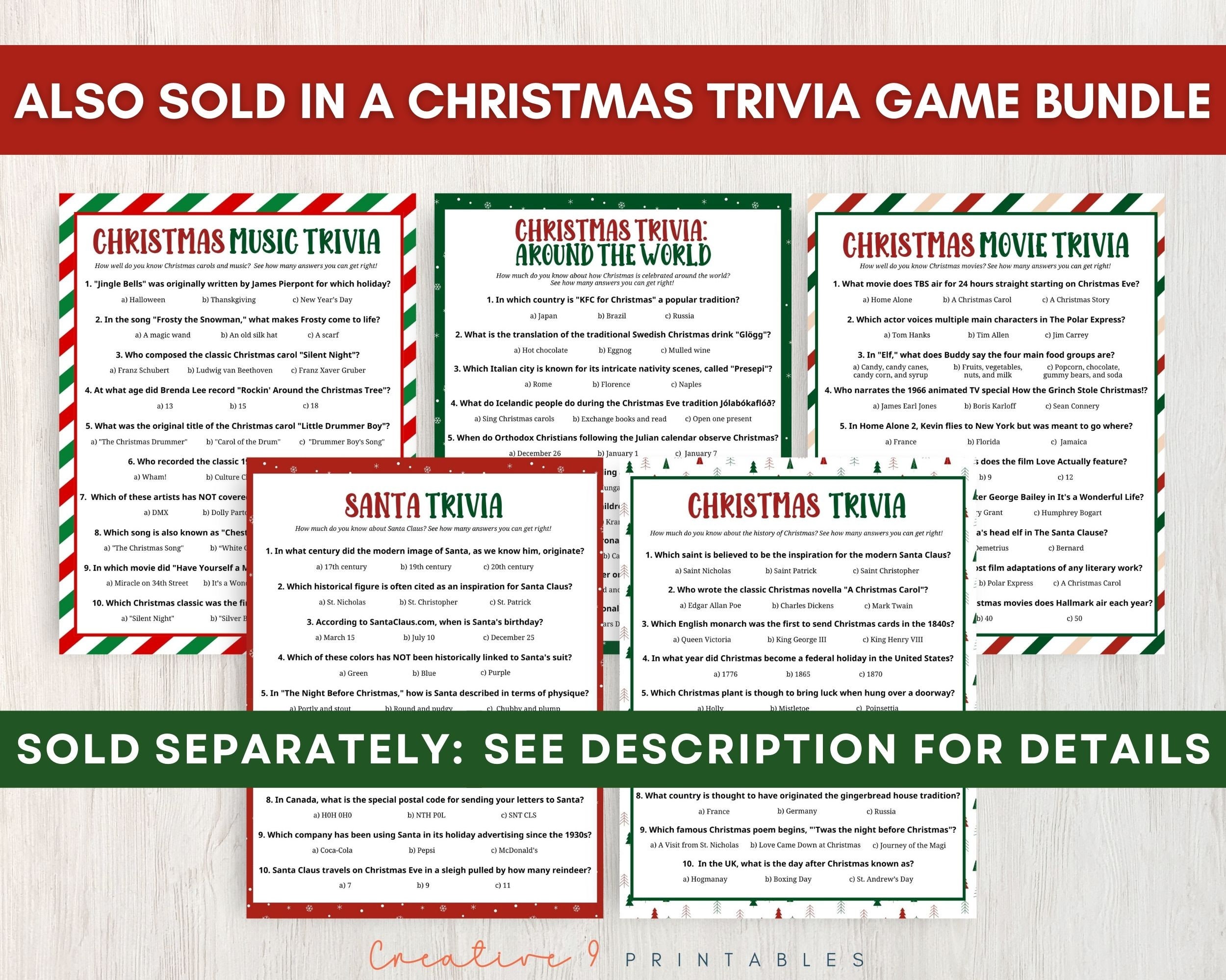 Printable Christmas Trivia Game for Adults and Kids, 10 Fun Christmas ...
