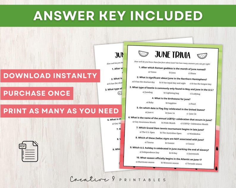 June Trivia Printable Game for Kids and Adults, 10 Fun Facts Quiz ...