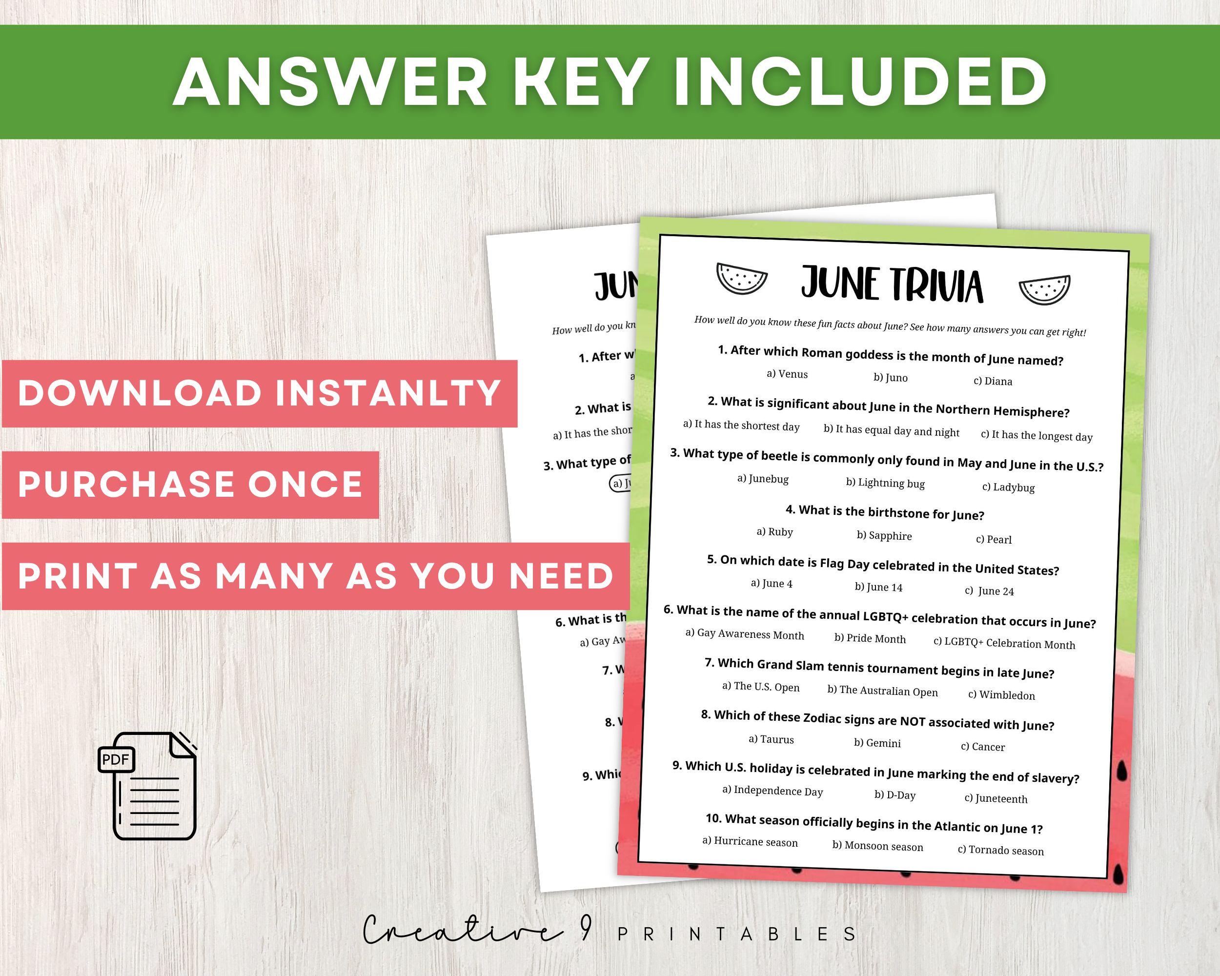 June Trivia Printable Game for Kids and Adults, 10 Fun Facts Quiz ...