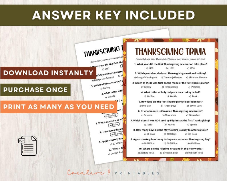 Thanksgiving Trivia Game Printable for Kids and Adults, 10 Thanksgiving ...