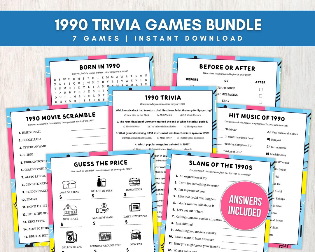 1990 Trivia Bundle for Adults and Kids, 7 Fun Printable 36th Party ...