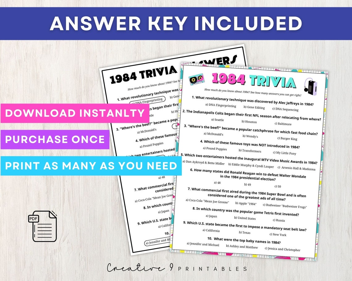 1984 Trivia Party Game - Printable for 41st Birthday, Reunion, or ...