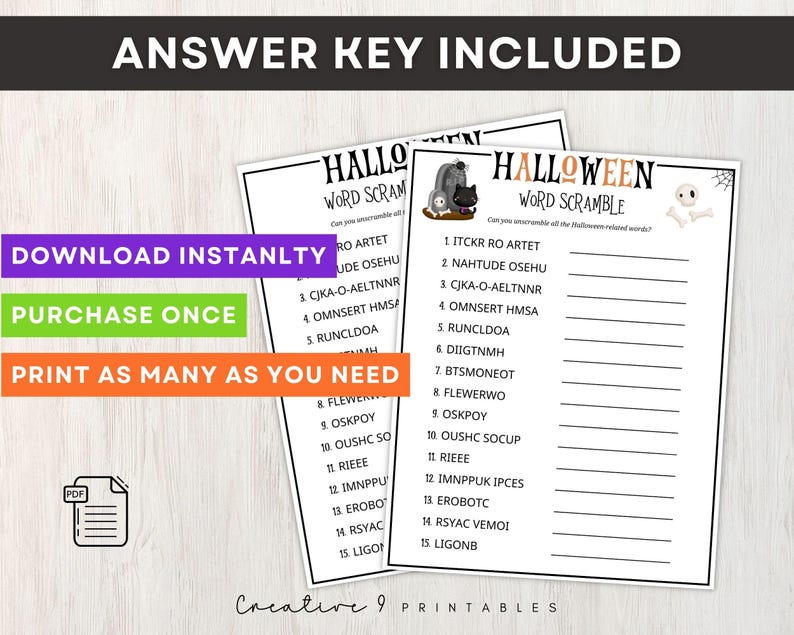 Halloween Word Scramble Printable Game for Kids and Adults With Answers ...