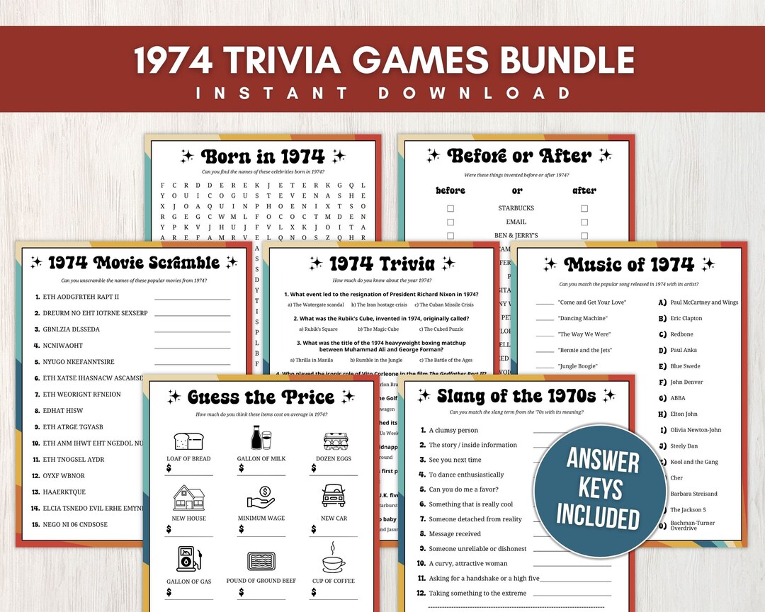 1974 Trivia Bundle for Adults, Seven Fun Printable 51st Party Games ...