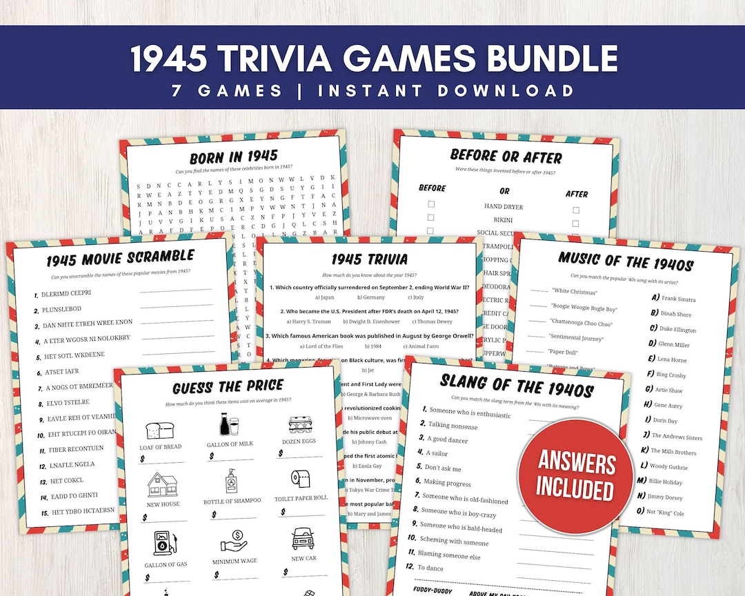 1945 Trivia Game Bundle for Adults, 80th Birthday Party Games, Born in ...