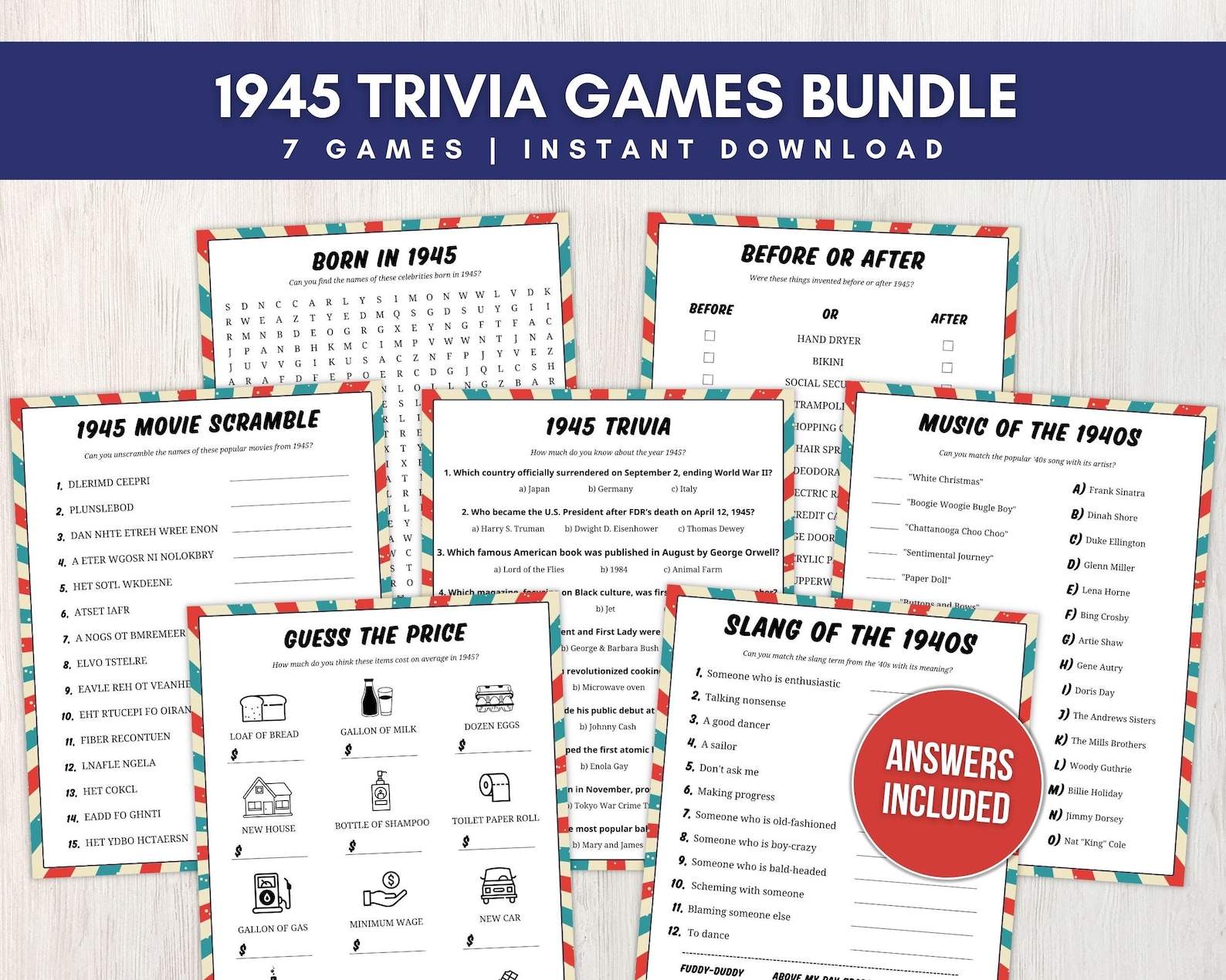 1945 Trivia Game Bundle for Adults, 80th Birthday Party Games, Born in ...