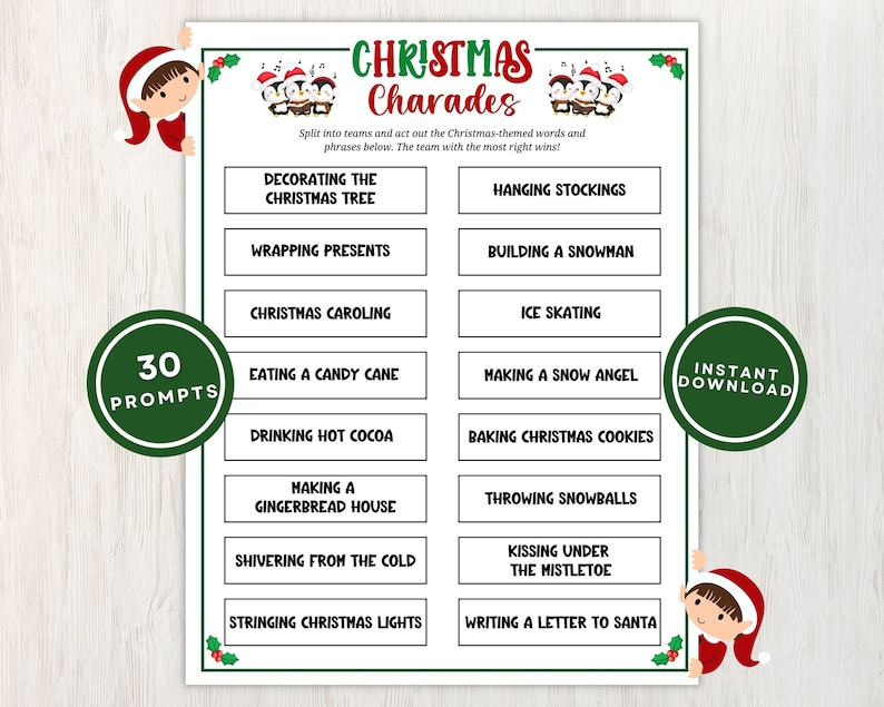Printable Christmas Charades Game for Kids, 30 Prompts With Christmas ...