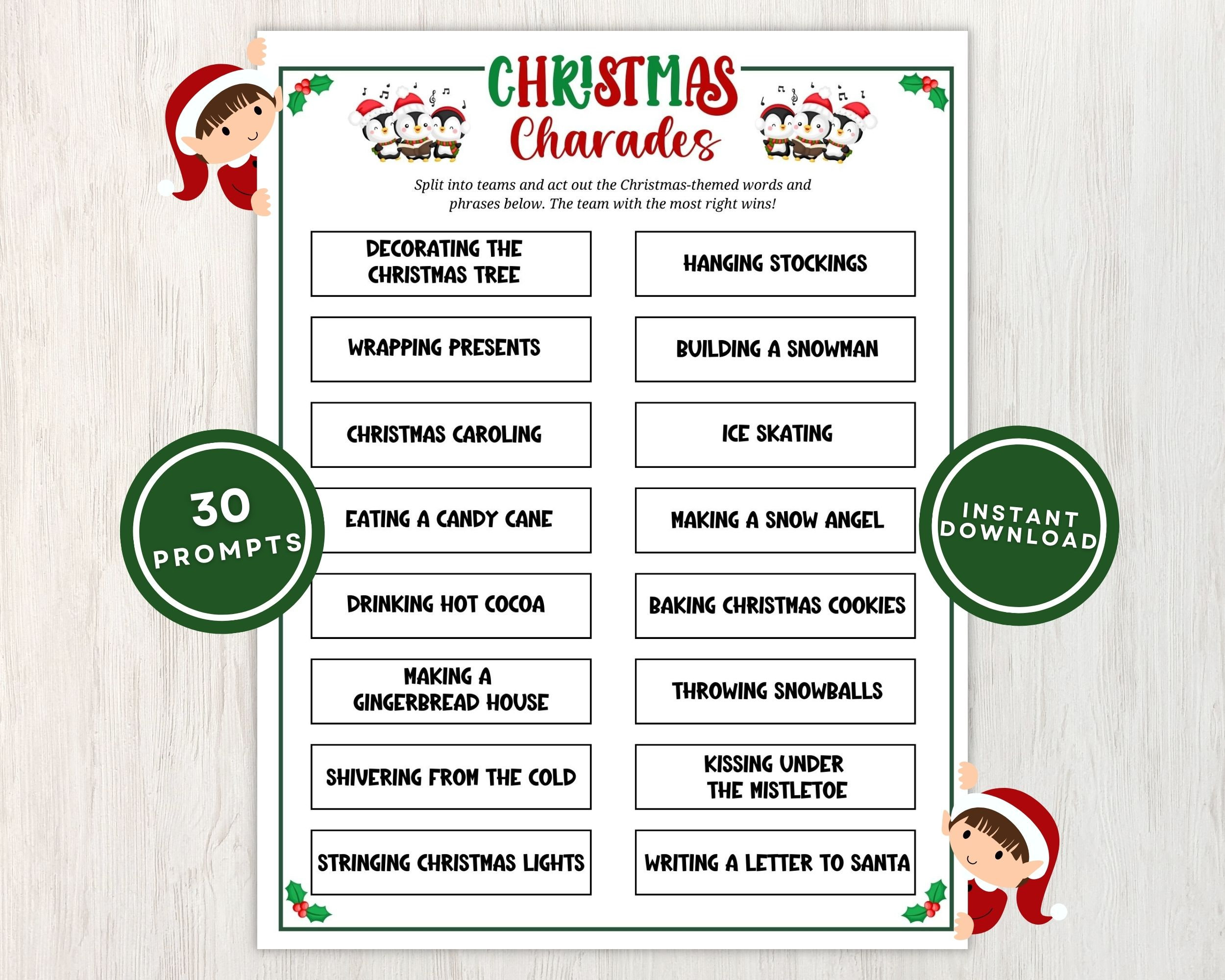 Printable Christmas Charades Game for Kids, 30 Prompts With Christmas ...