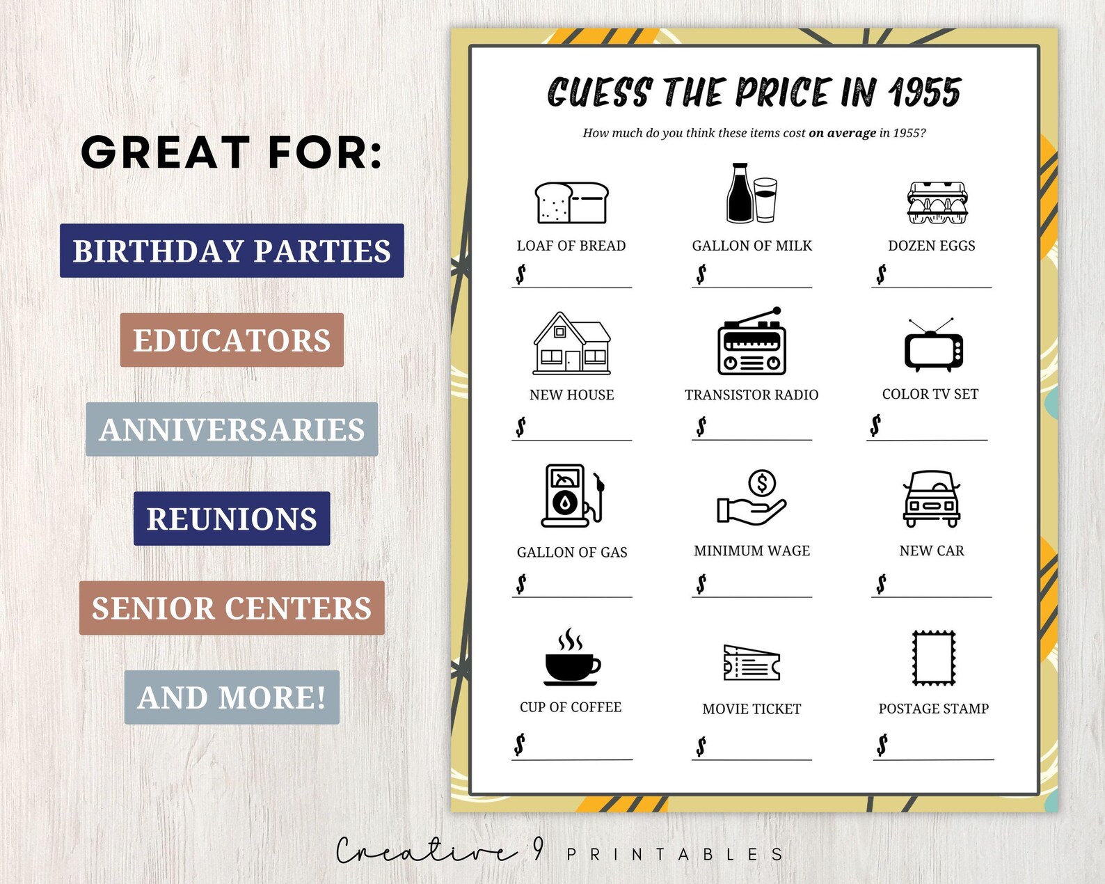 1955 Guess the Price Game, 70th Birthday Party Games, Back in 1955 ...