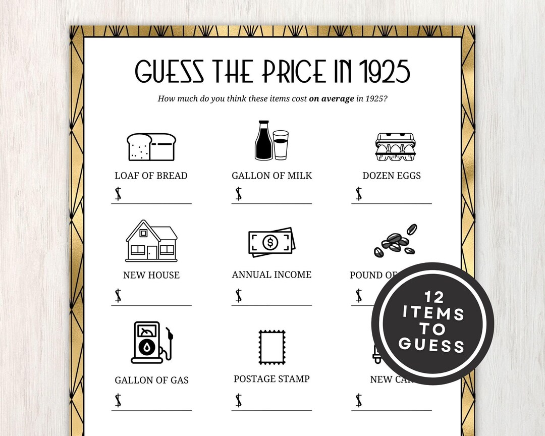 1925 Guess the Price Game, 100th Birthday Party Game, Back in 1925 ...