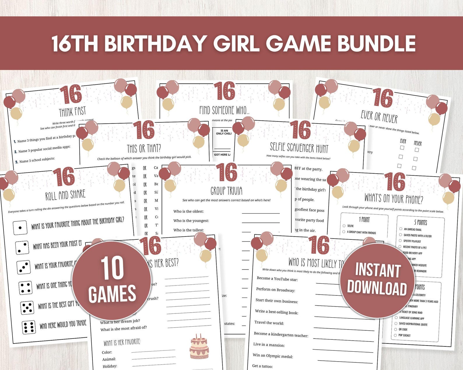 16th Birthday Girl Game Bundle, 10 Printable Party Games and Bonus for ...