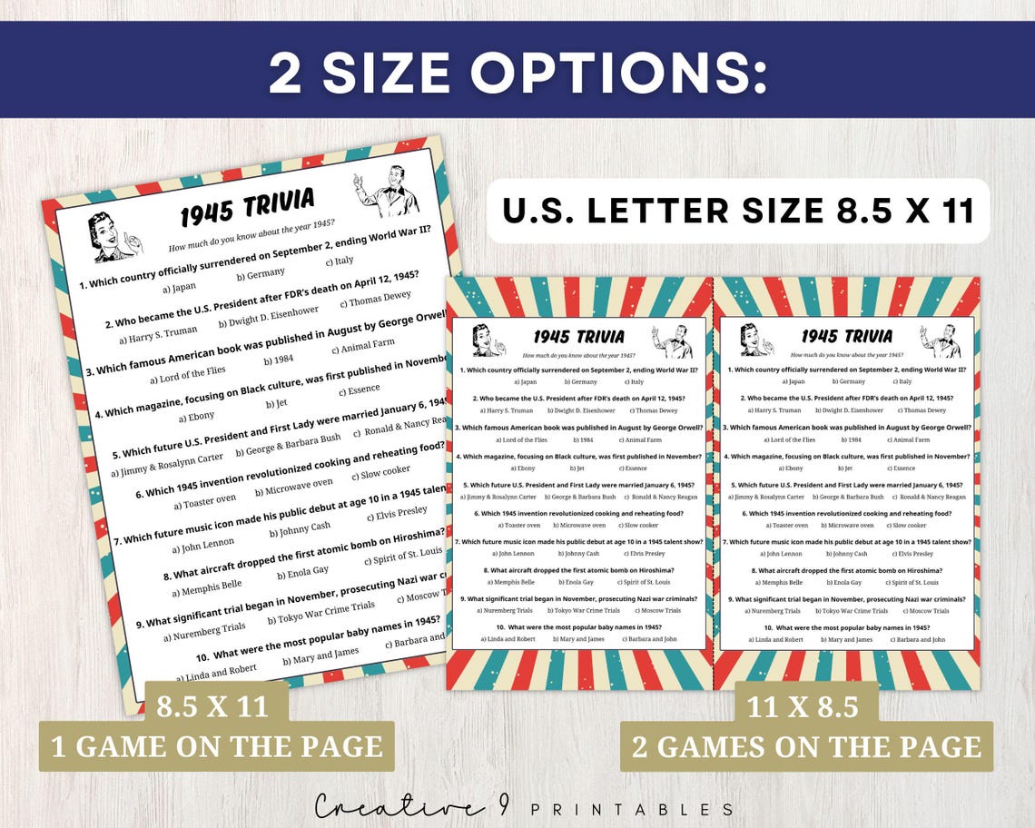 1945 Trivia With Answers, Printable 80th Birthday Game, 10 Fun Quiz ...
