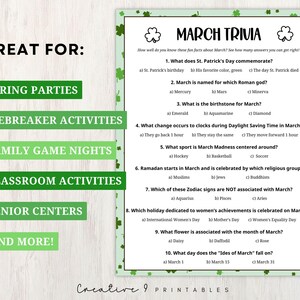 March Trivia Printable Game for Kids and Adults, 10 Fun Facts Quiz ...