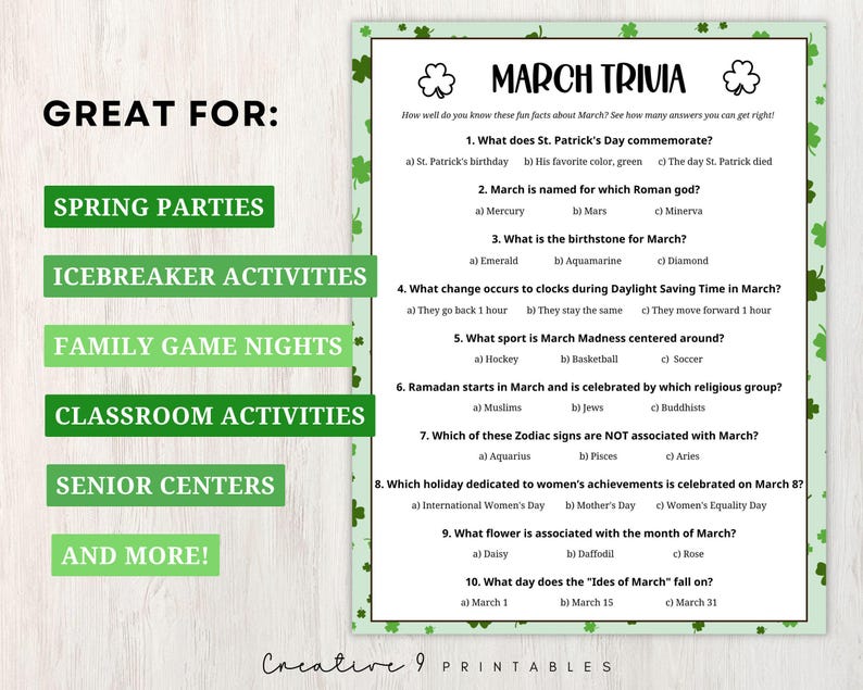 March Trivia Printable Game for Kids and Adults, 10 Fun Facts Quiz ...