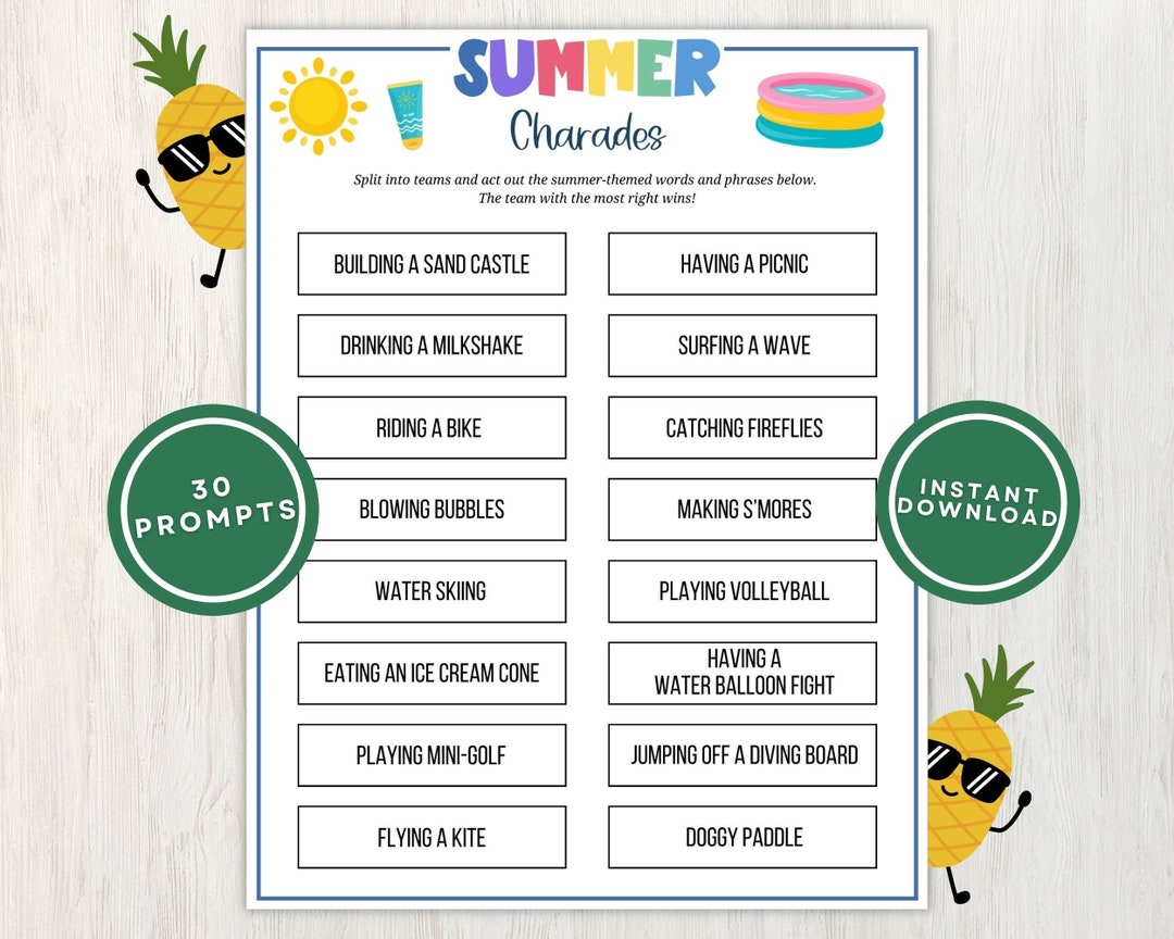 Summer Charades Printable Game for Kids and Teens, 30 Prompts With ...