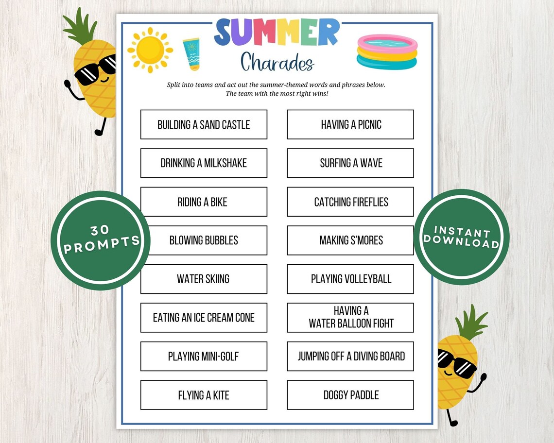 Summer Charades Printable Game for Kids and Teens, 30 Prompts With ...