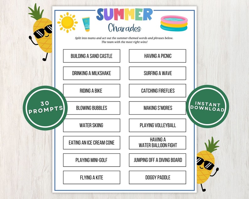 Summer Charades Printable Game for Kids and Teens, 30 Prompts With ...