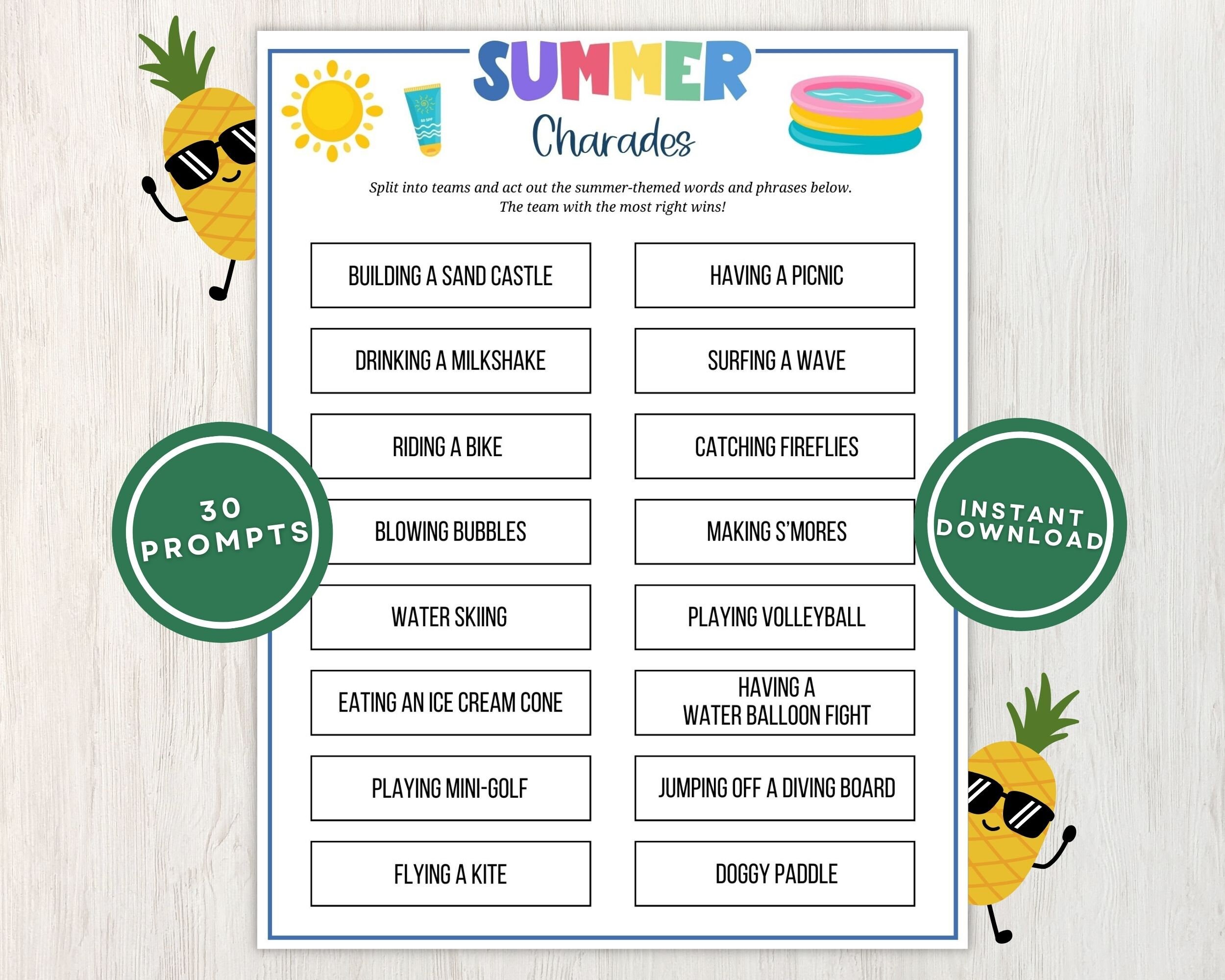 Summer Charades Printable Game for Kids and Teens, 30 Prompts With ...