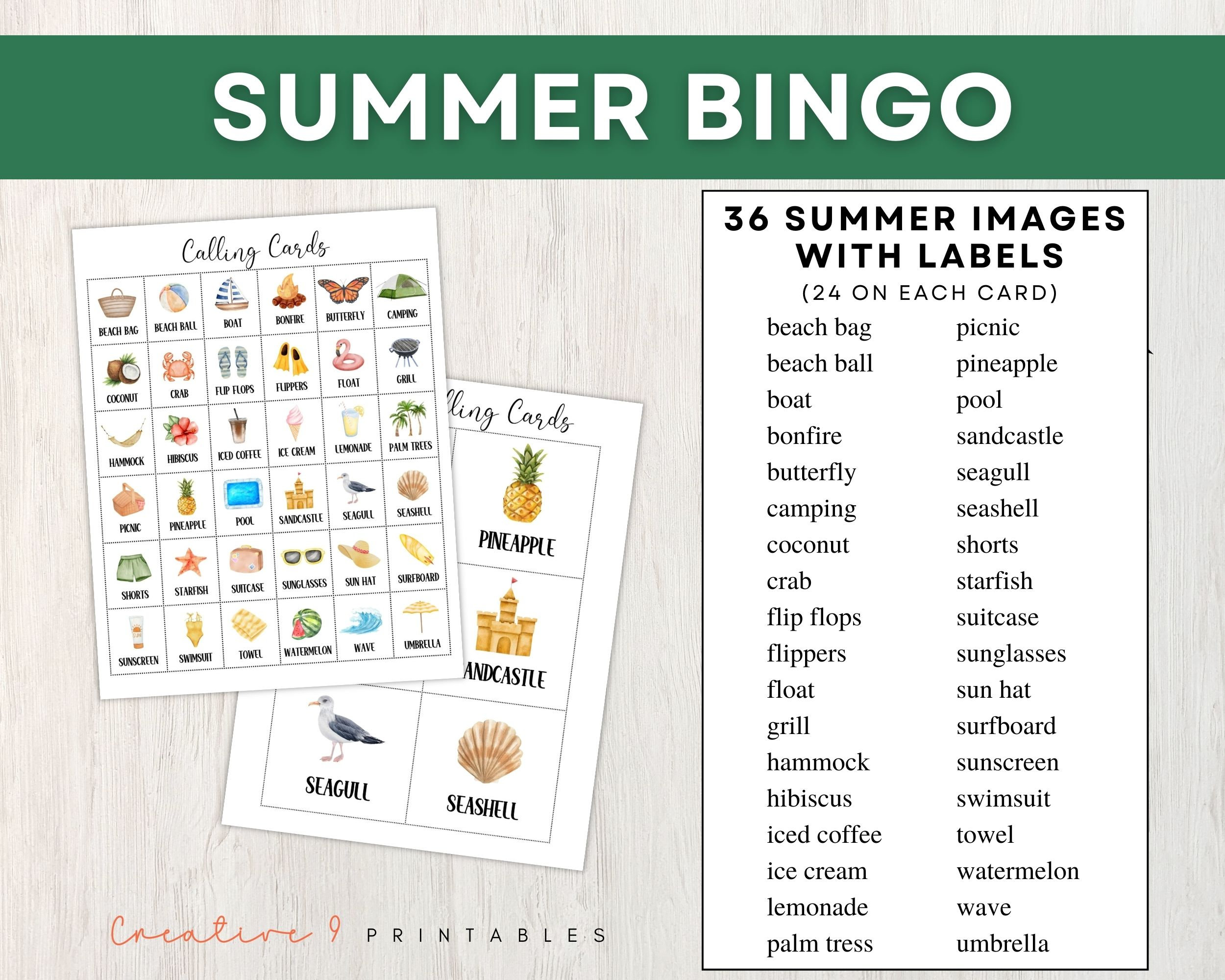 Summer Bingo Printable Game for Adults and Kids, 30 Bingo Cards Plus ...