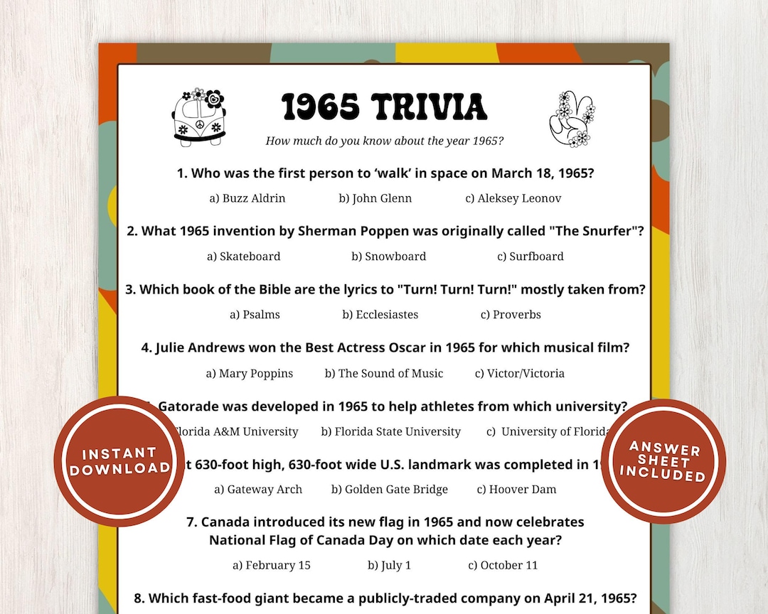 1965 Trivia With Answers, 60th Birthday Party, 60th Anniversary, Born ...
