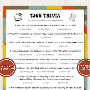 1965 Trivia With Answers, 60th Birthday Party, 60th Anniversary, Born ...