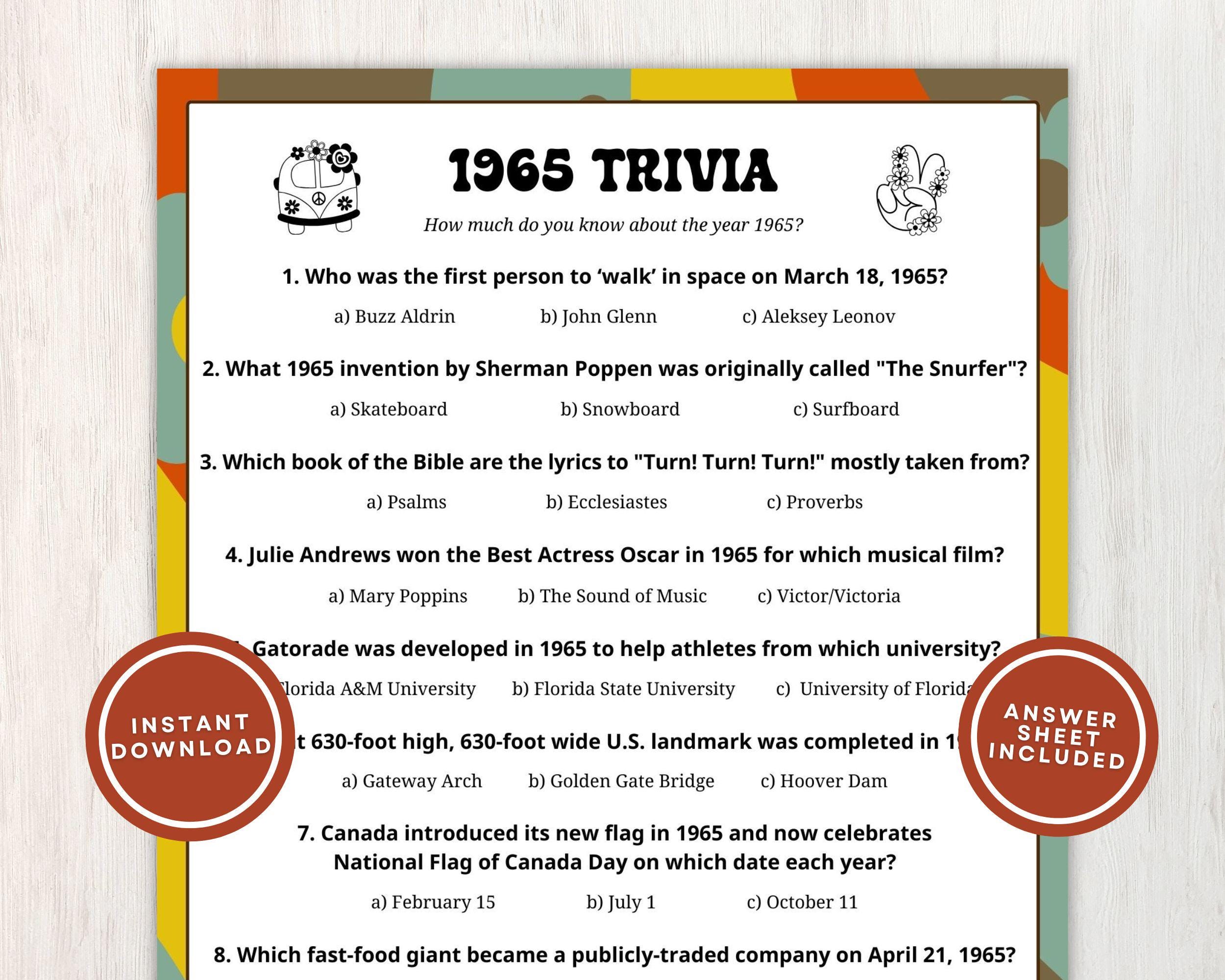 1965 Trivia With Answers, 60th Birthday Party, 60th Anniversary, Born ...
