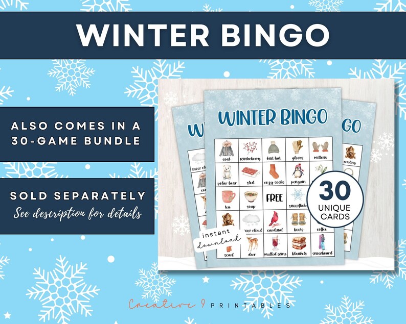 Printable Winter Bingo Game for Kids and Adults, 50 Bingo Cards and ...