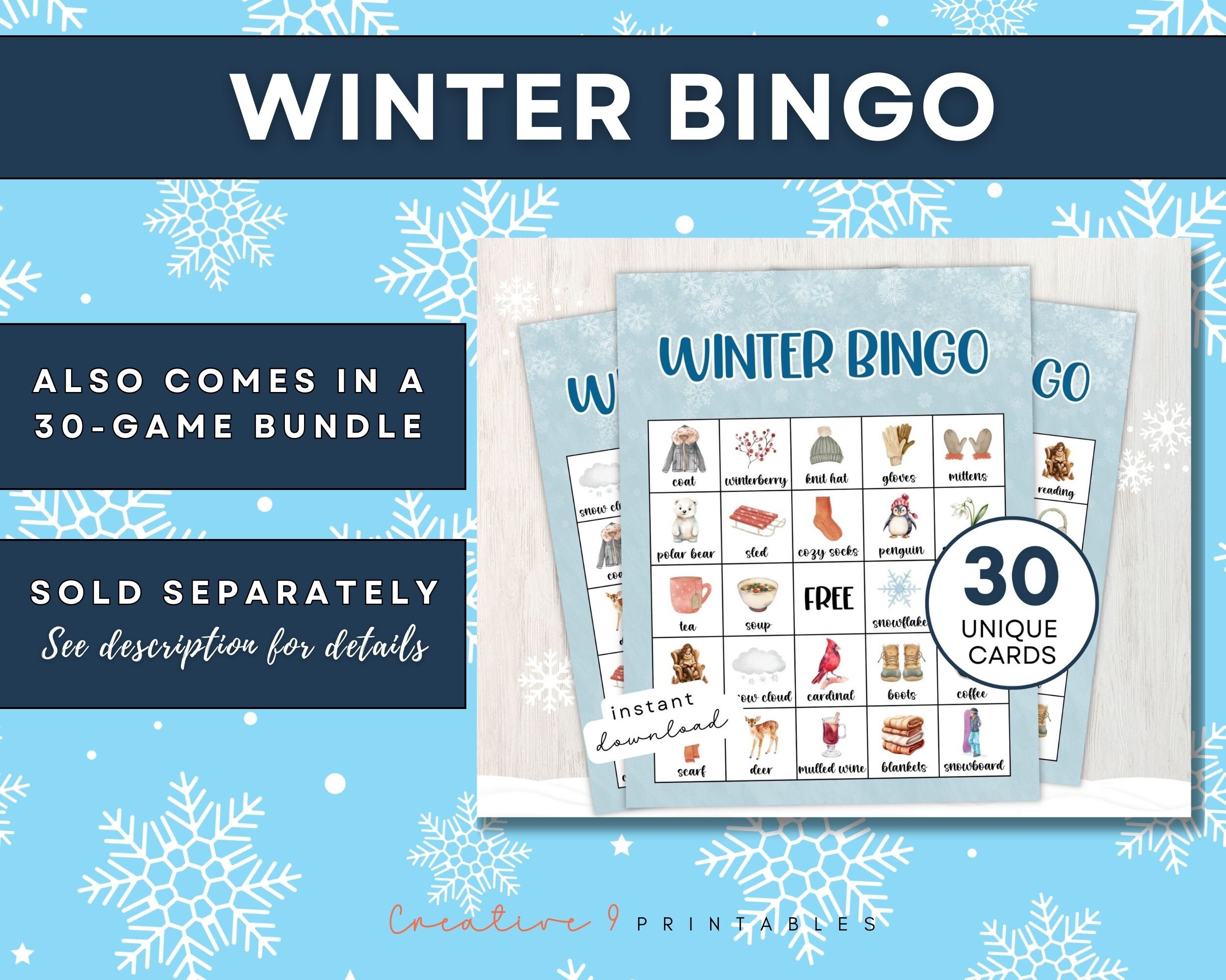 Printable Winter Bingo Game for Kids and Adults, 50 Bingo Cards and ...