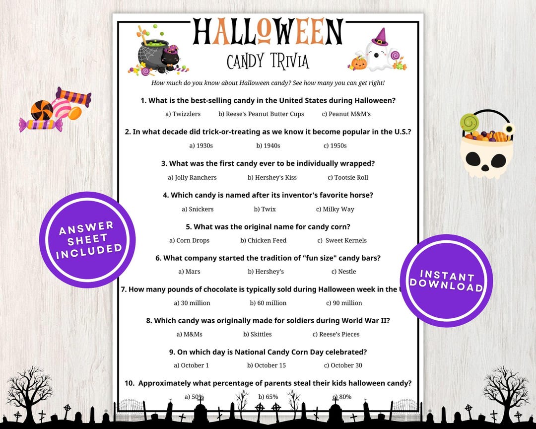 Halloween Candy Trivia Printable Game for Kids and Adults, 10 Questions ...