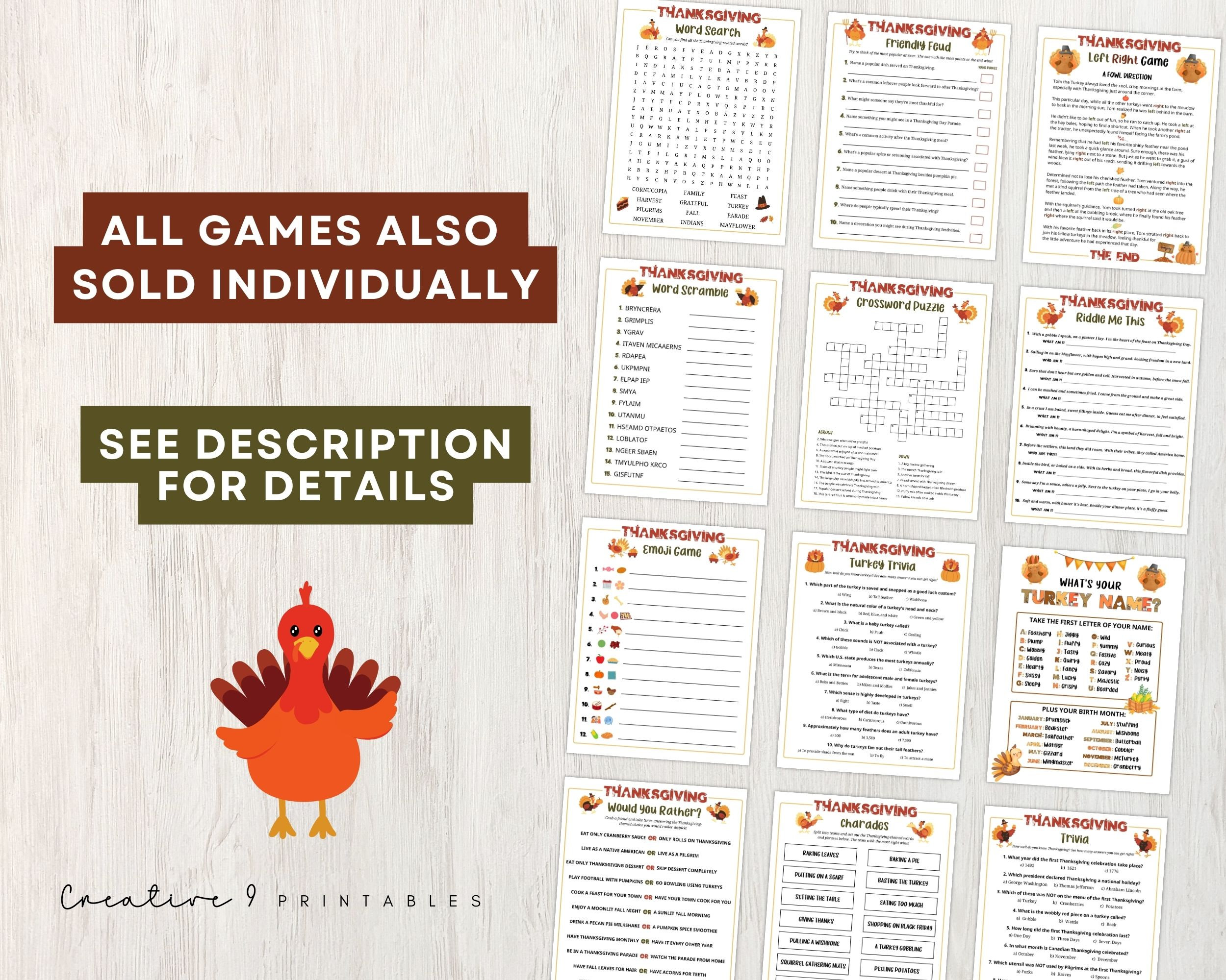 Thanksgiving Game Bundle for Kids and Adults, 12 Thanksgiving Games ...