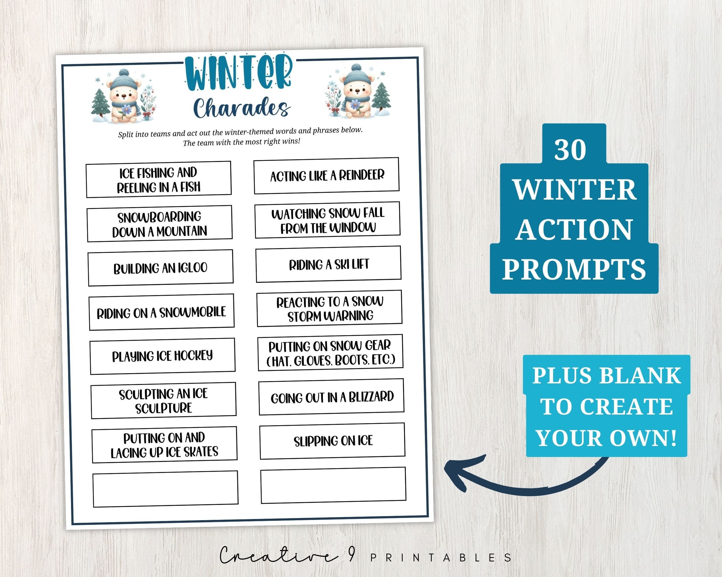 Printable Winter Charades Game for Kids, 30 Prompts With Winter Action ...