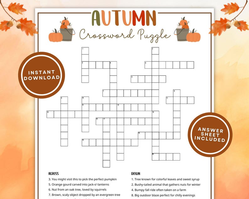 Fall Crossword Puzzle for Kids & Adults, Printable Fall Word Game, Fun ...