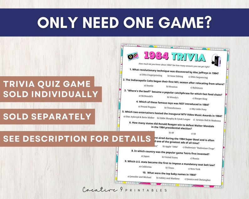 1984 Trivia Game Bundle for Adults, Seven Fun Printable 41st Party ...