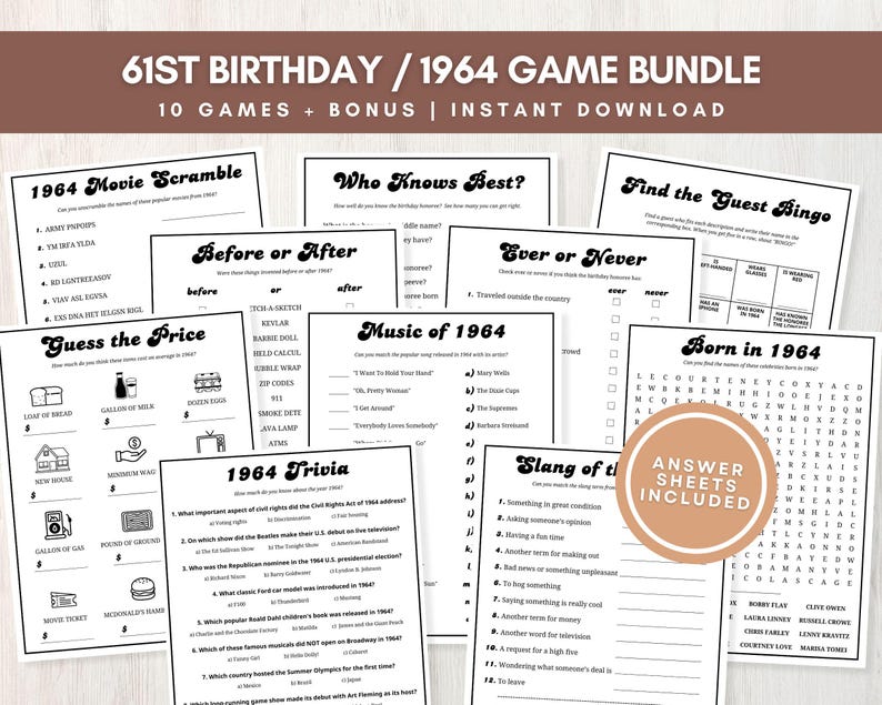 61st Birthday Party Games Bundle, Born in 1964 Trivia, 10 Fun ...