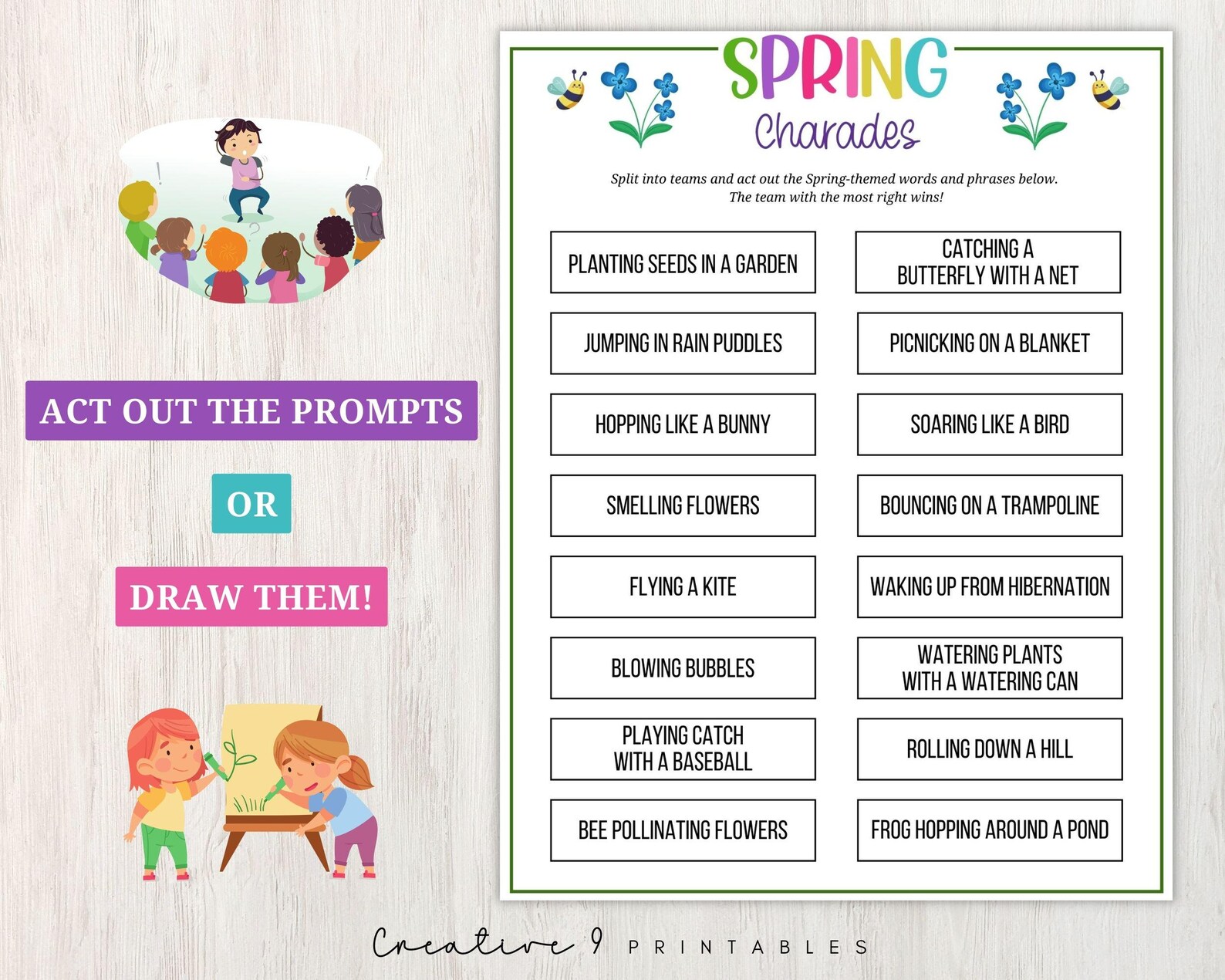 Spring Charades Printable Party Game for Kids, 30 Prompts With Spring ...