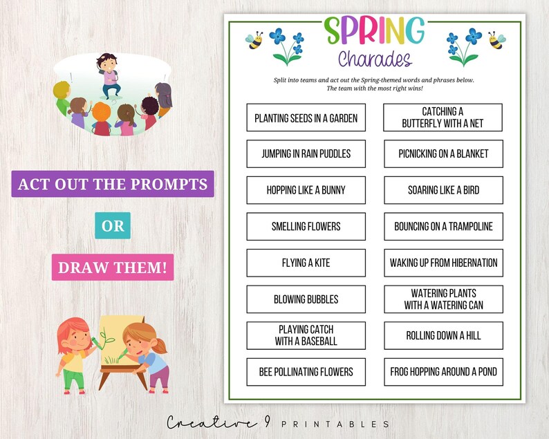 Spring Charades Printable Party Game for Kids, 30 Prompts With Spring ...