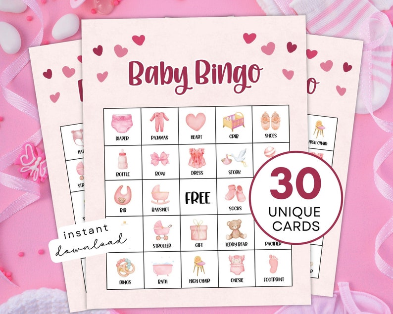 Baby Shower Bingo Game, 30 Printable Baby Girl Bingo Cards, Fun for a ...