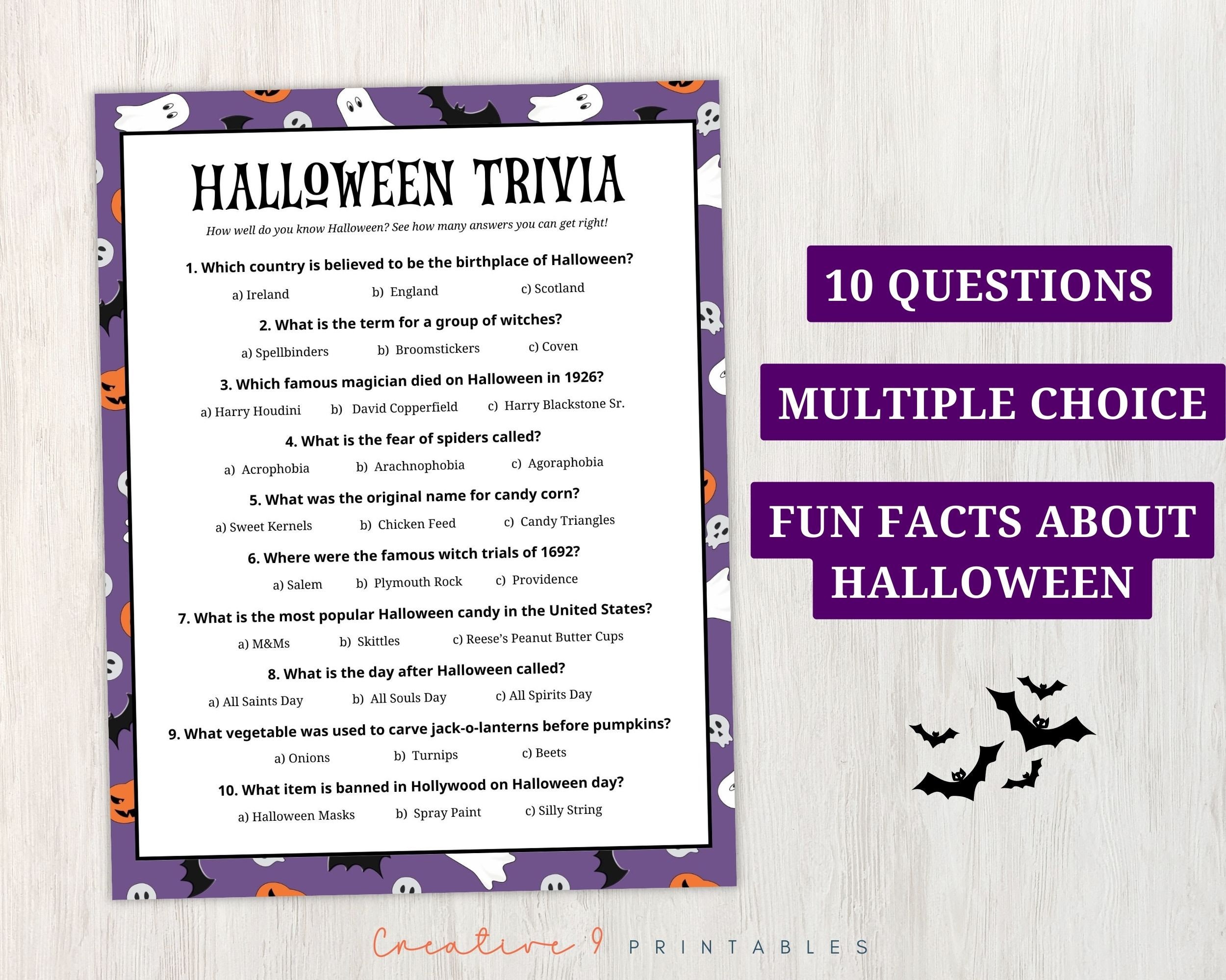 Printable Halloween Trivia Game for Kids and Adults, 10 Halloween ...