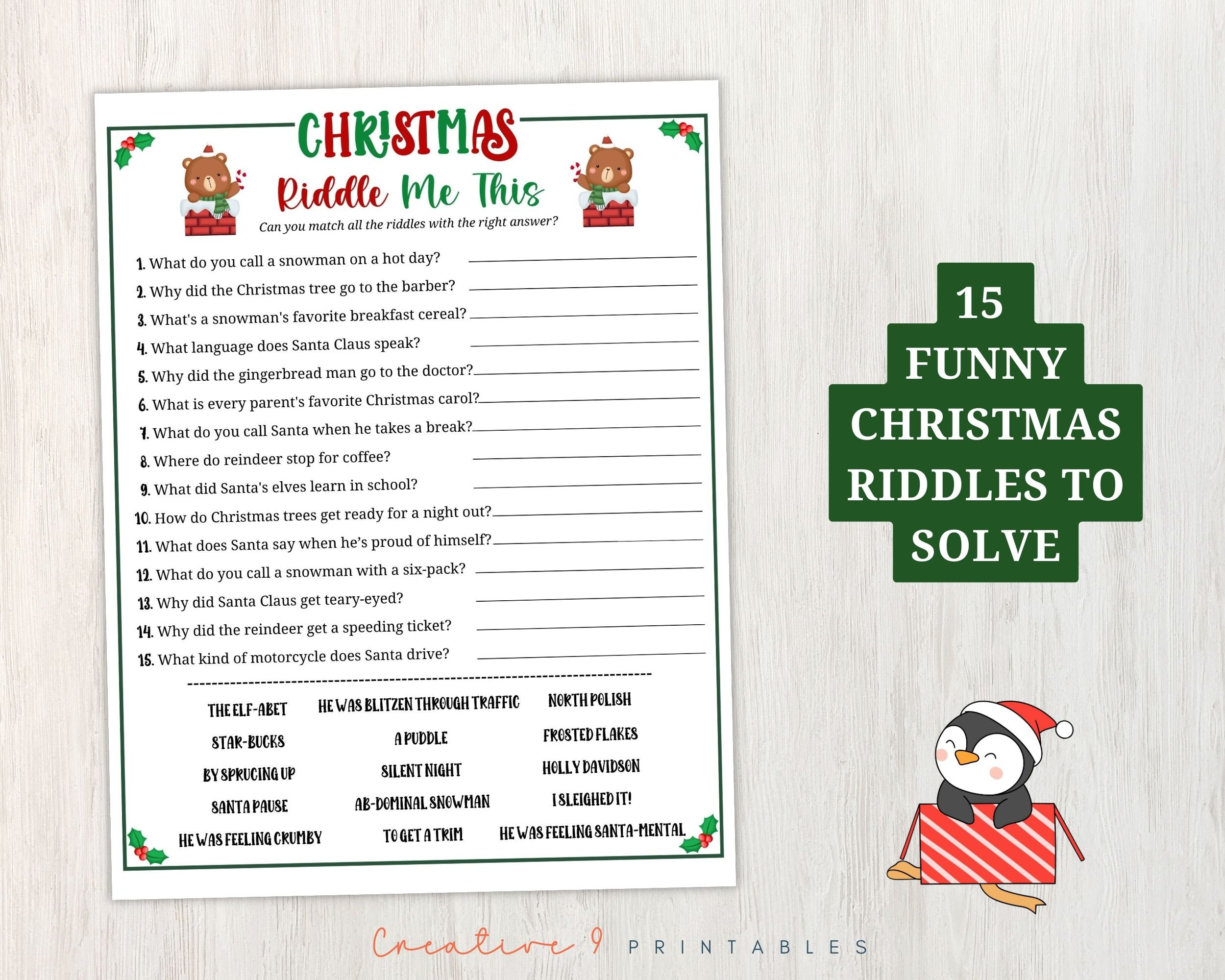 Printable Christmas Riddle Me This Game for Kids and Adults, 15 Funny ...