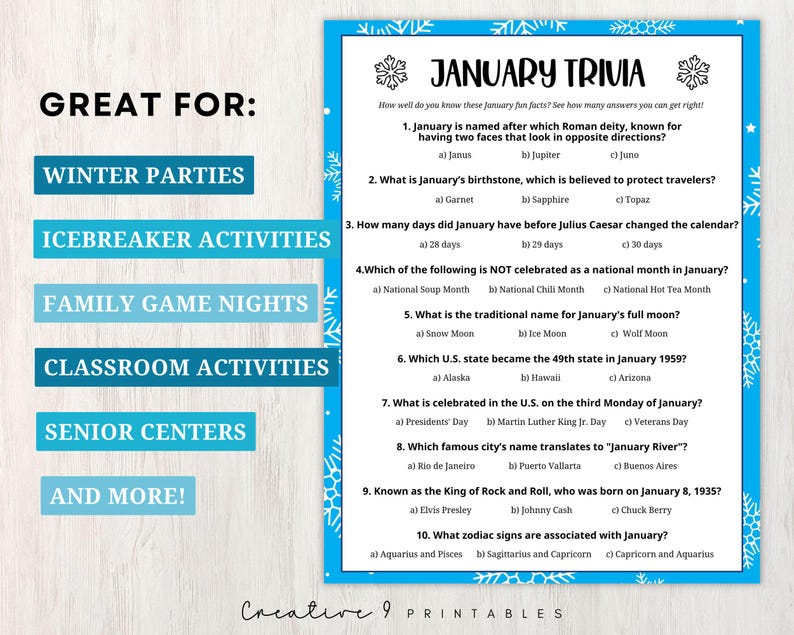 January Trivia Printable Game for Kids and Adults, 10 Fun Facts Quiz ...