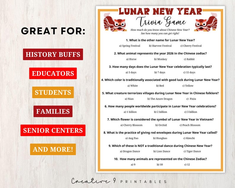 Lunar New Year Trivia 2026, Printable Party Game About Chinese New Year ...