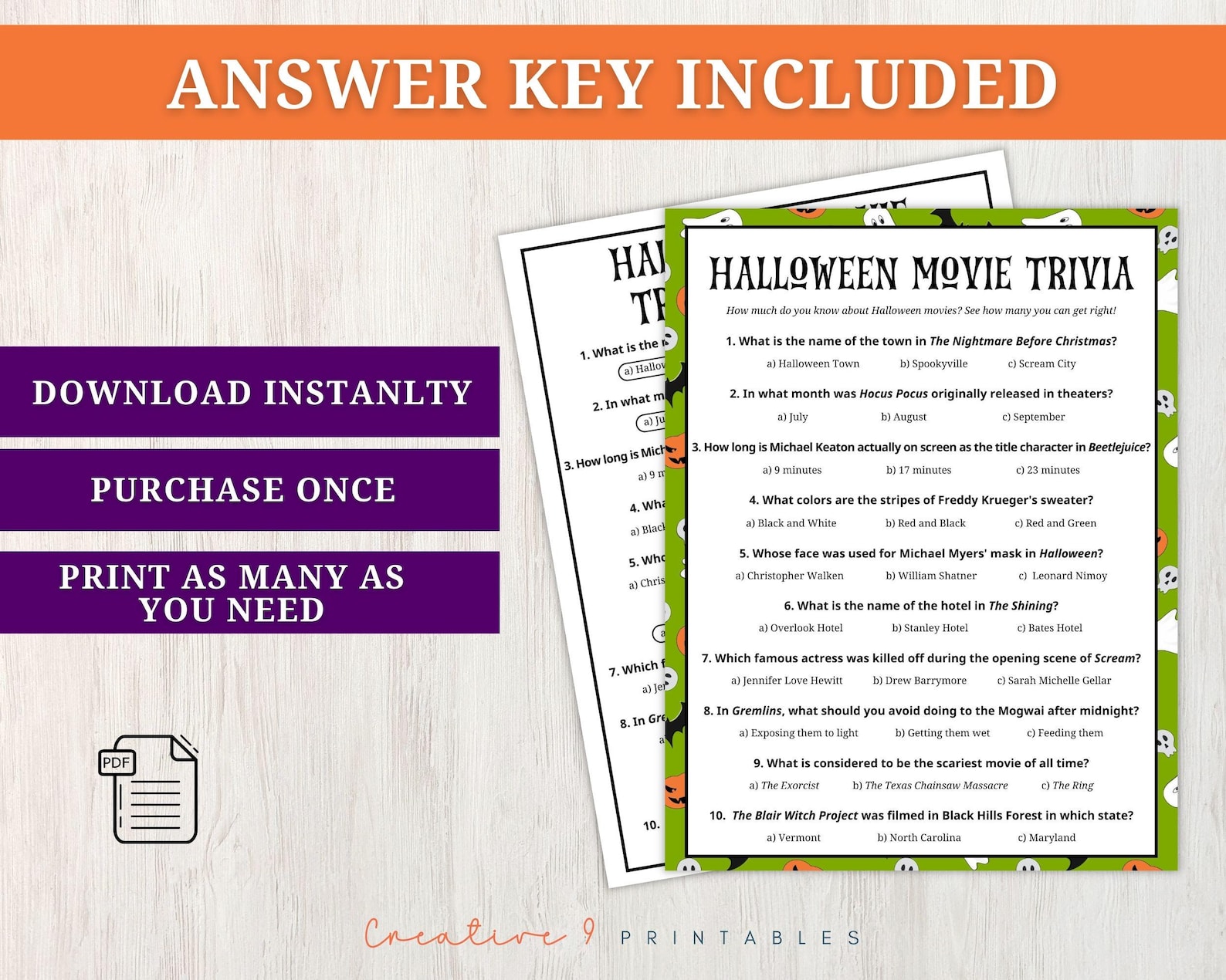 Halloween Movie Trivia Printable Game for Kids and Adults, 10 Trivia ...