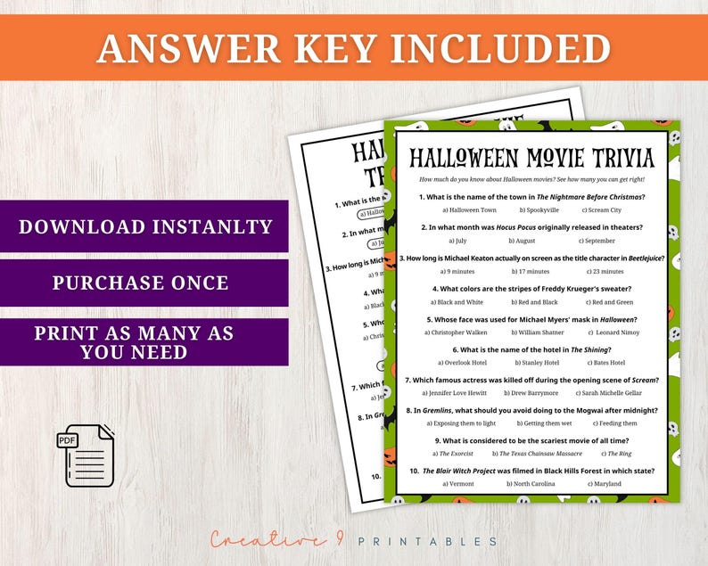 Halloween Movie Trivia Printable Game for Kids and Adults, 10 Trivia ...