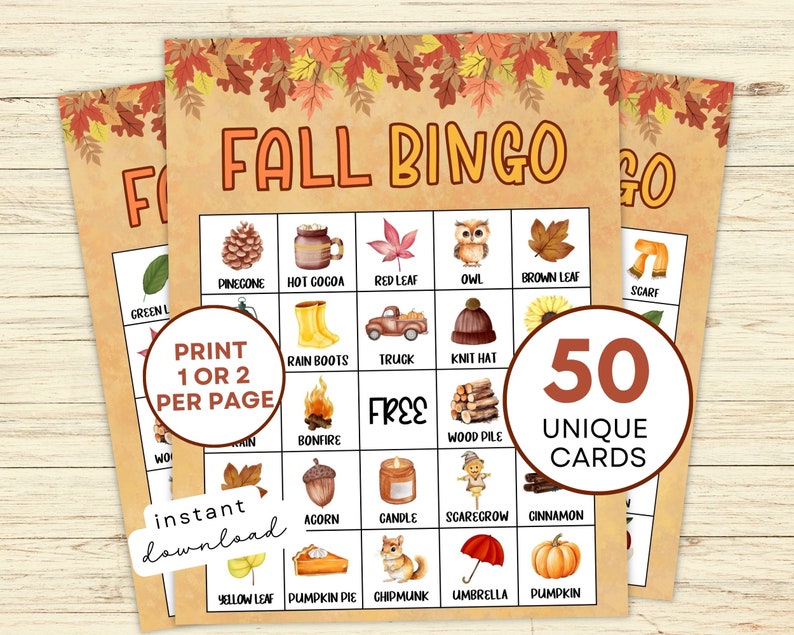 Printable Fall Bingo Game for Kids and Adults, 50 Bingo Cards and Bonus ...