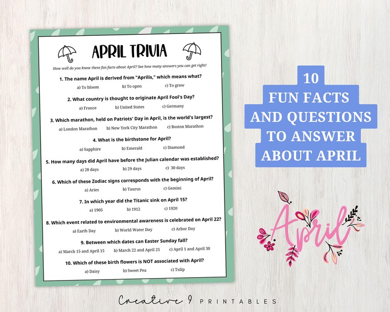 April Trivia Printable Game for Kids and Adults, 10 Fun Facts Quiz ...