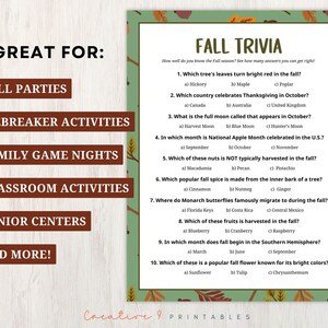 Printable Fall Trivia Game for Kids and Adults, 10 Fall Trivia ...
