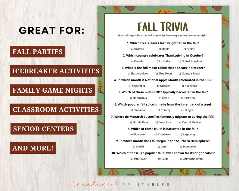 Printable Fall Trivia Game for Kids and Adults, 10 Fall Trivia ...