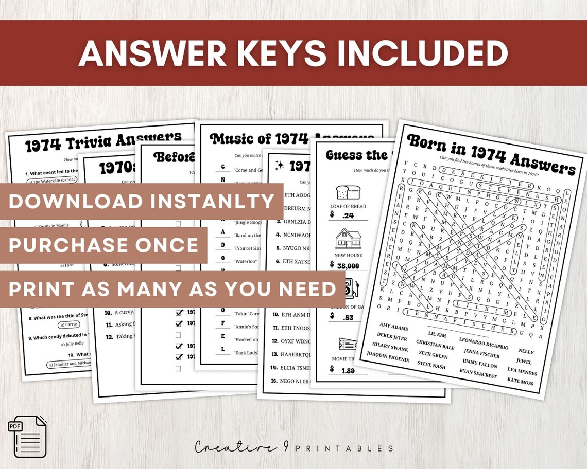 1974 Trivia Bundle for Adults, Seven Fun Printable 51st Party Games ...