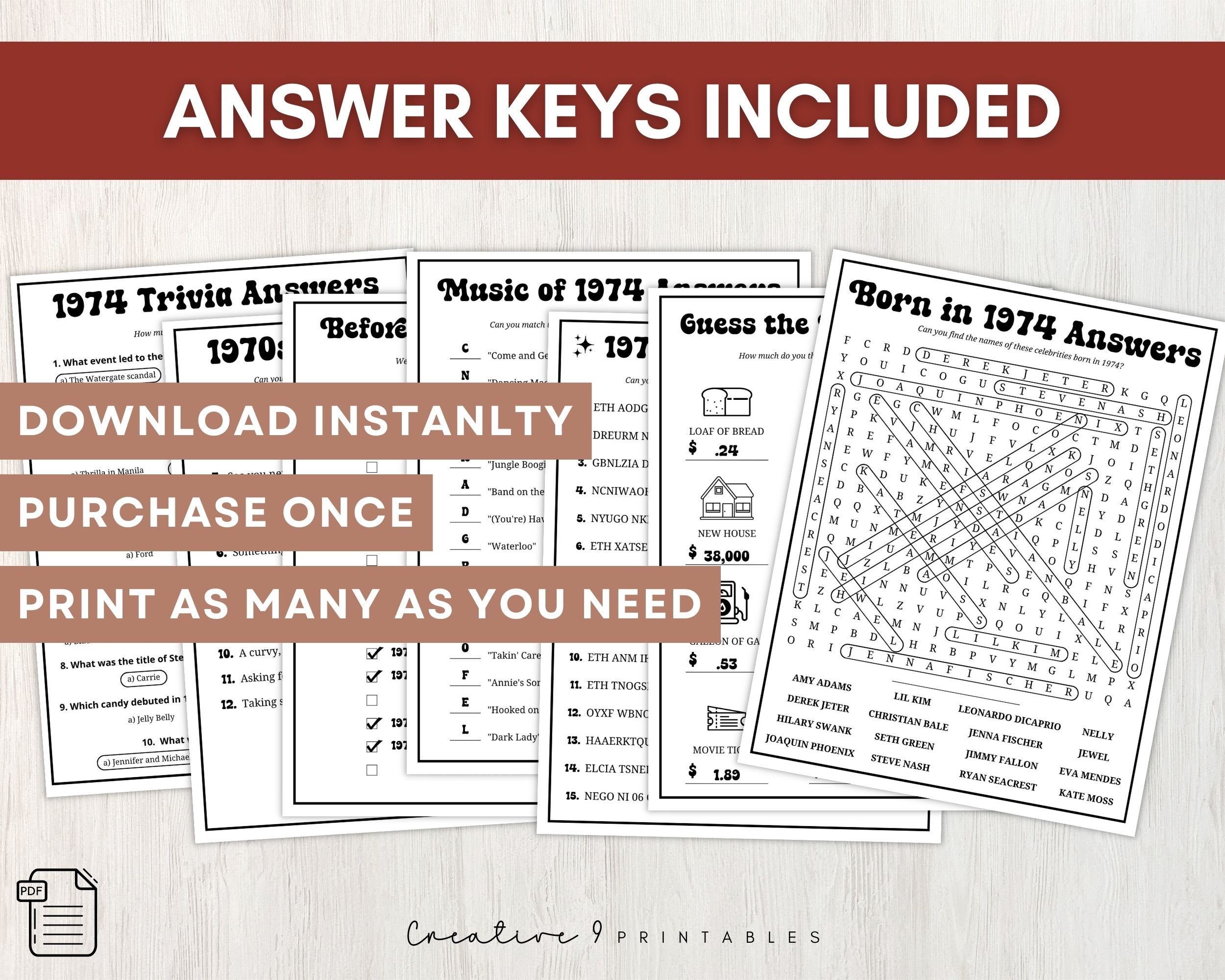 1974 Trivia Bundle for Adults, Seven Fun Printable 51st Party Games ...