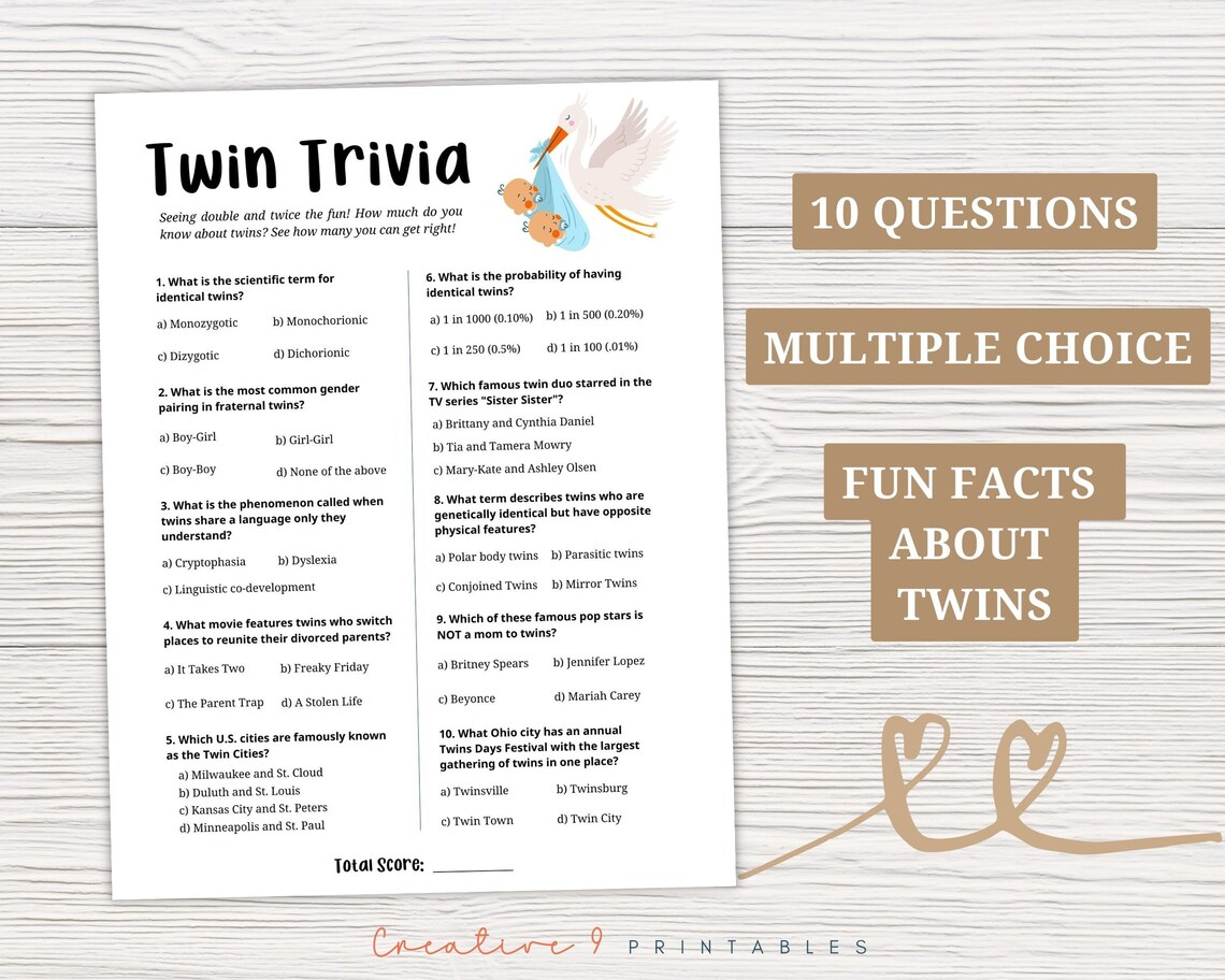 Twin Trivia Baby Shower Printable Game for Adults and Kids, 10 Fun ...